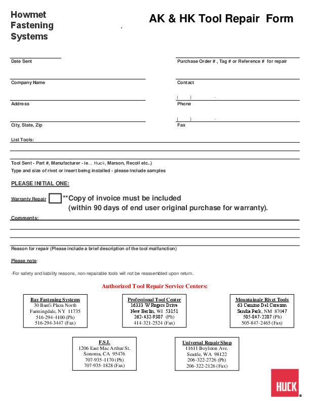 Tooling Repair Forms | Howmet® Fastening Systems